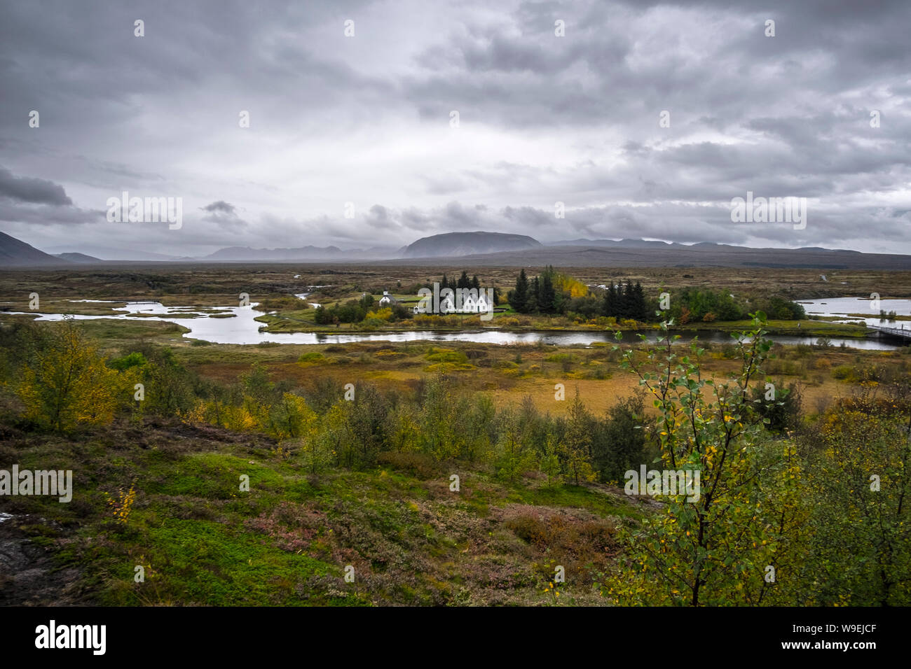 The Church and landscape in the Thingvellir National Park in Iceland ...
