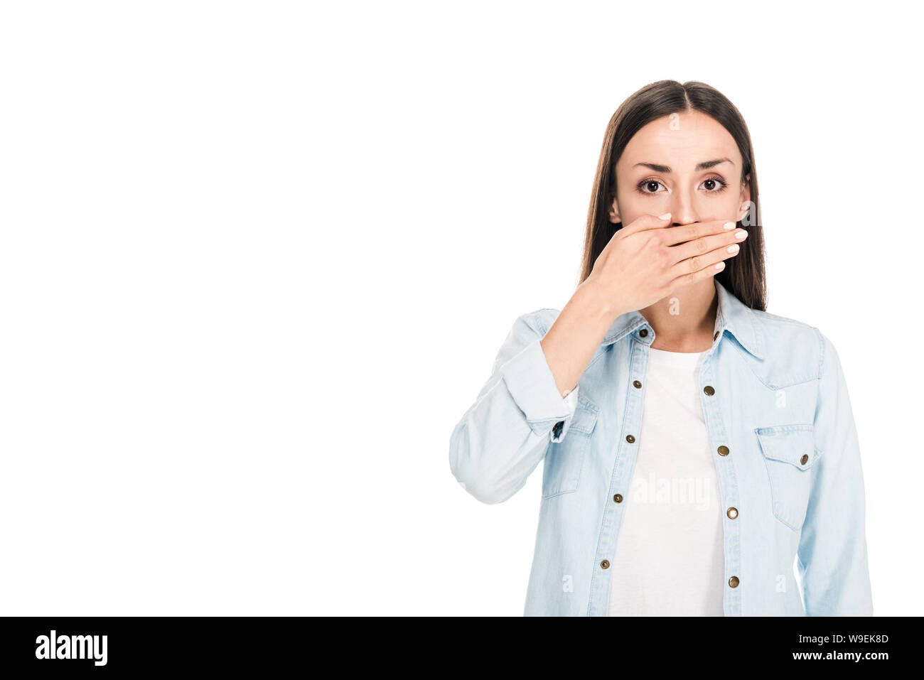 brunette woman covering mouth with hand isolated on white Stock Photo ...