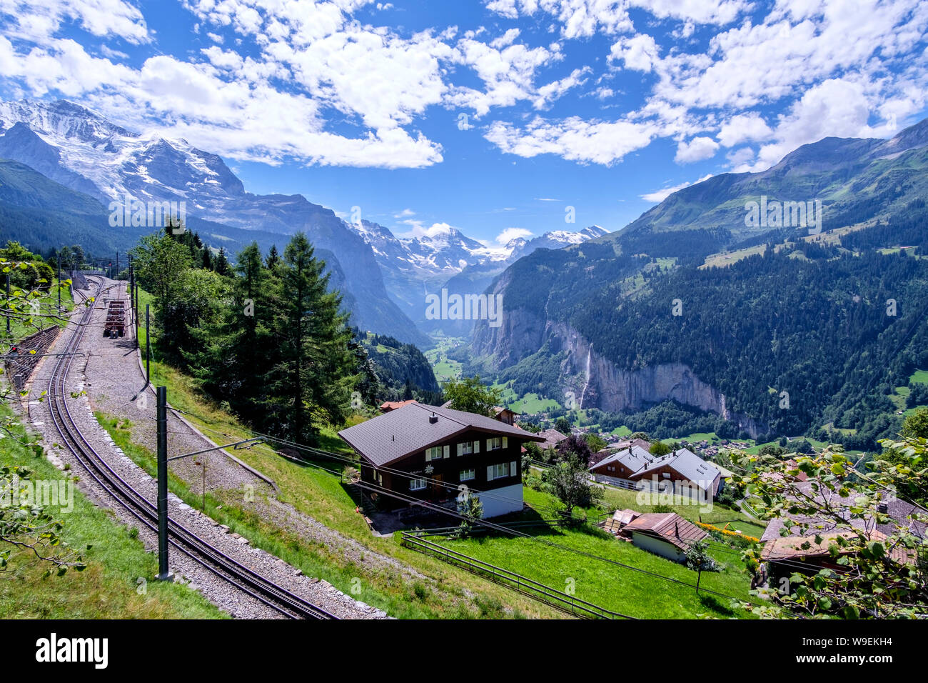 Beautiful view of Staubbach waterfall in Lauterbrunnen village ...