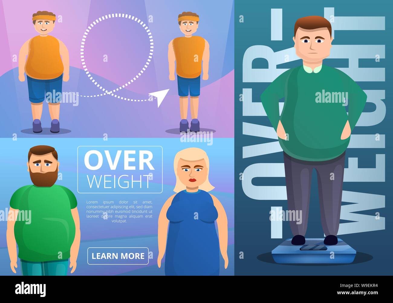 Obesity banner set. Cartoon illustration of obesity vector banner set ...