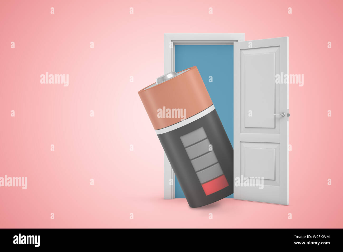 3d rendering of discharged battery in white open doorway on light pink ...