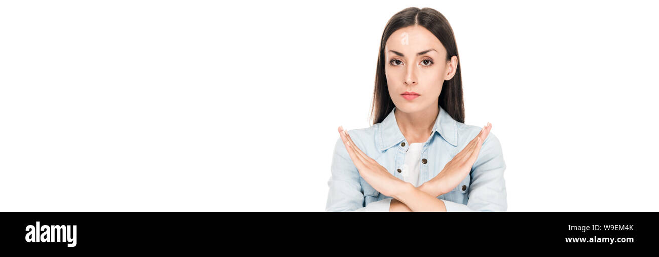 brunette woman showing no sign isolated on white, panoramic shot Stock ...