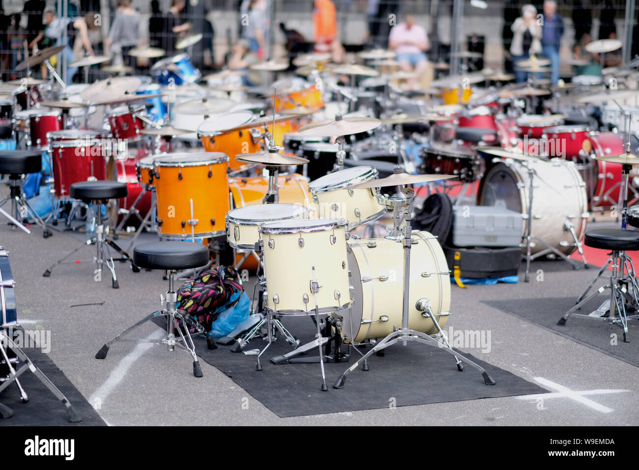 Drum installations of participants of the concert of percussion ...