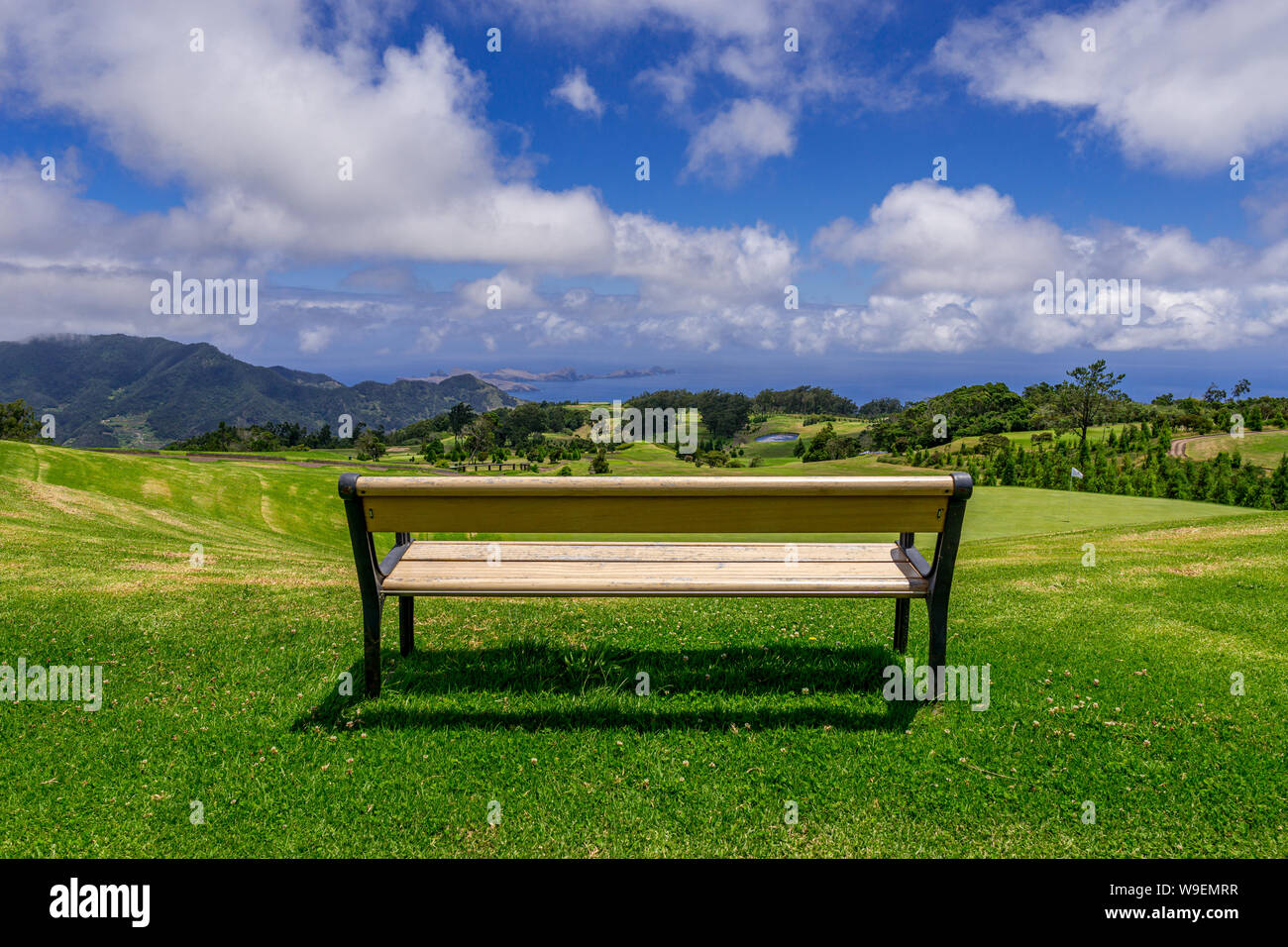 Park bench outdoor landscape. Wooden bench in golf course landscape ...