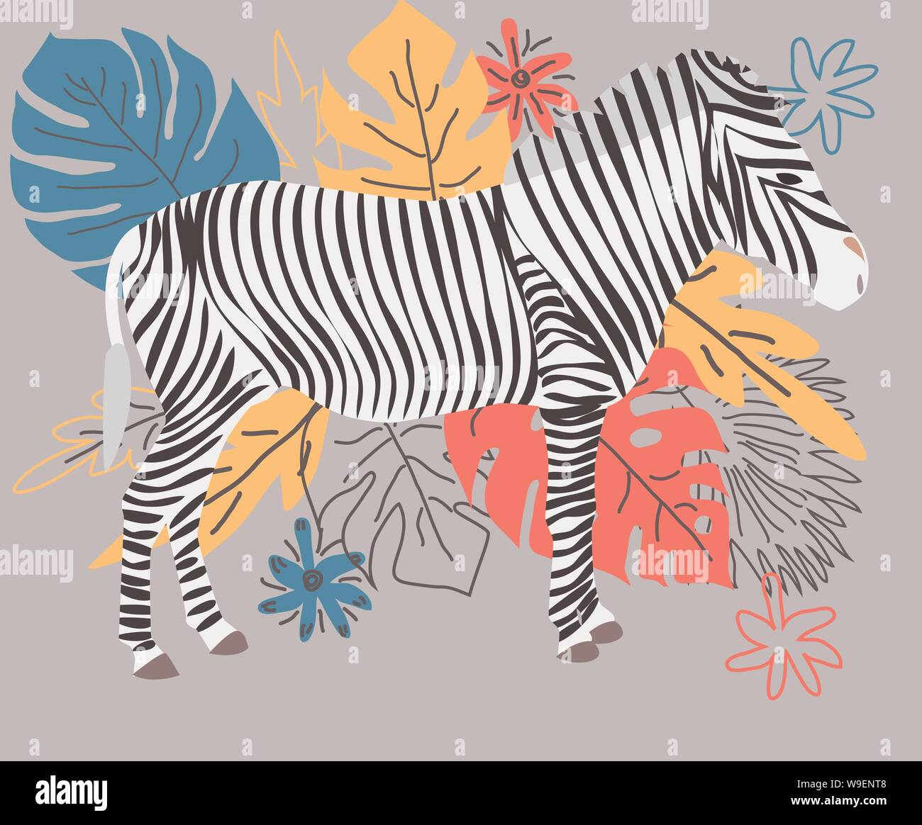 Hand drawn colorful zebra with flowers, Monstera, a bouquet. Zebra ...