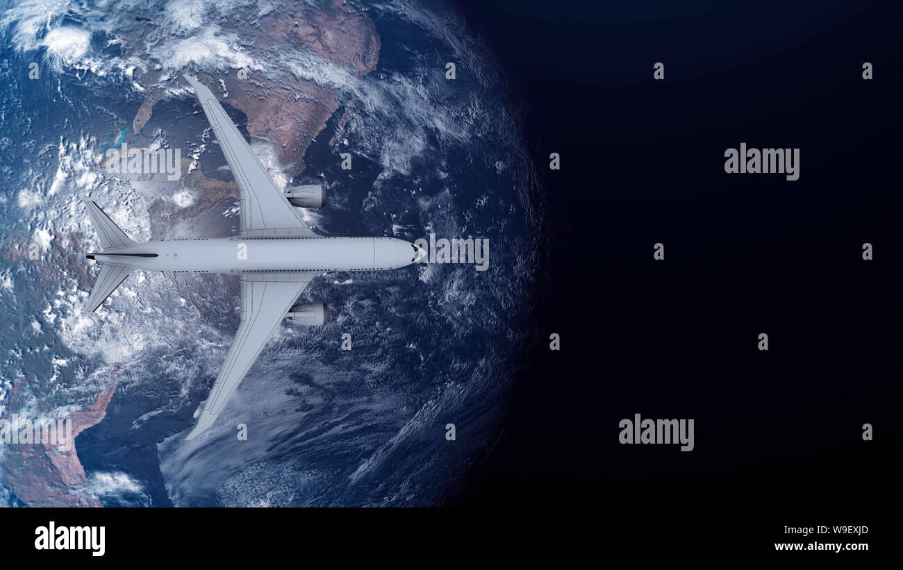 Travel concept of airplane flying around earth. View from space. 3d ...