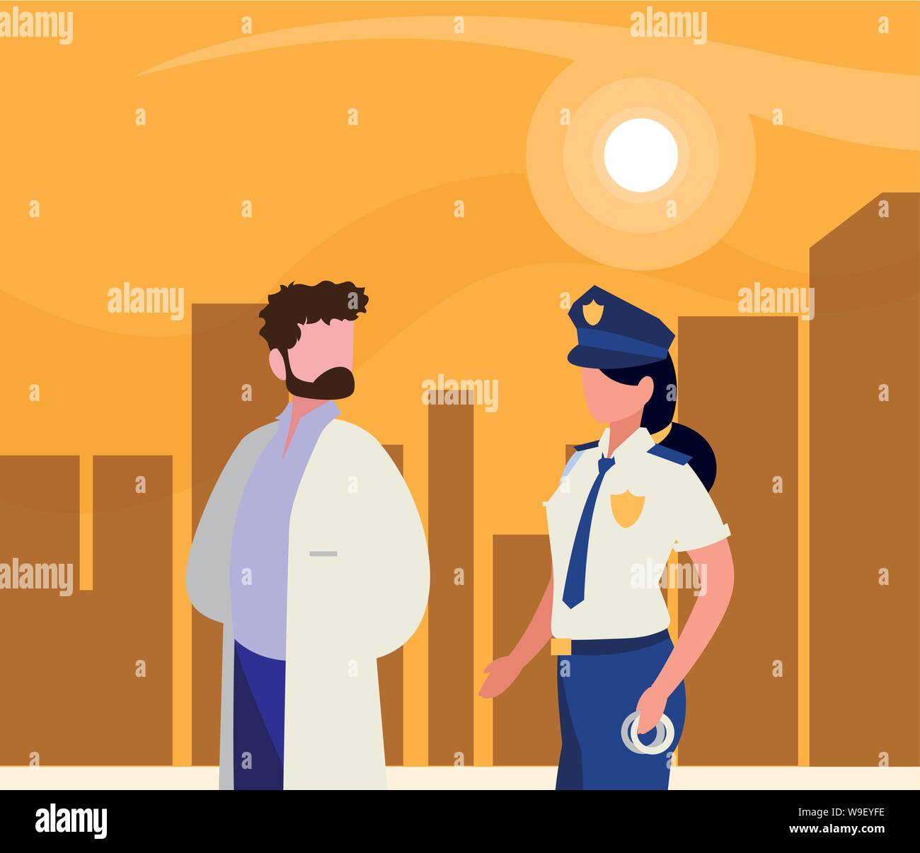 couple of professional workers in cityscape at sunset vector ...