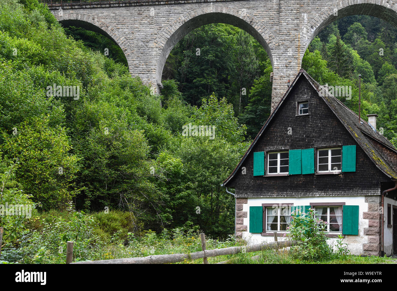 charming German house with green shutters by old train trestle in Black ...