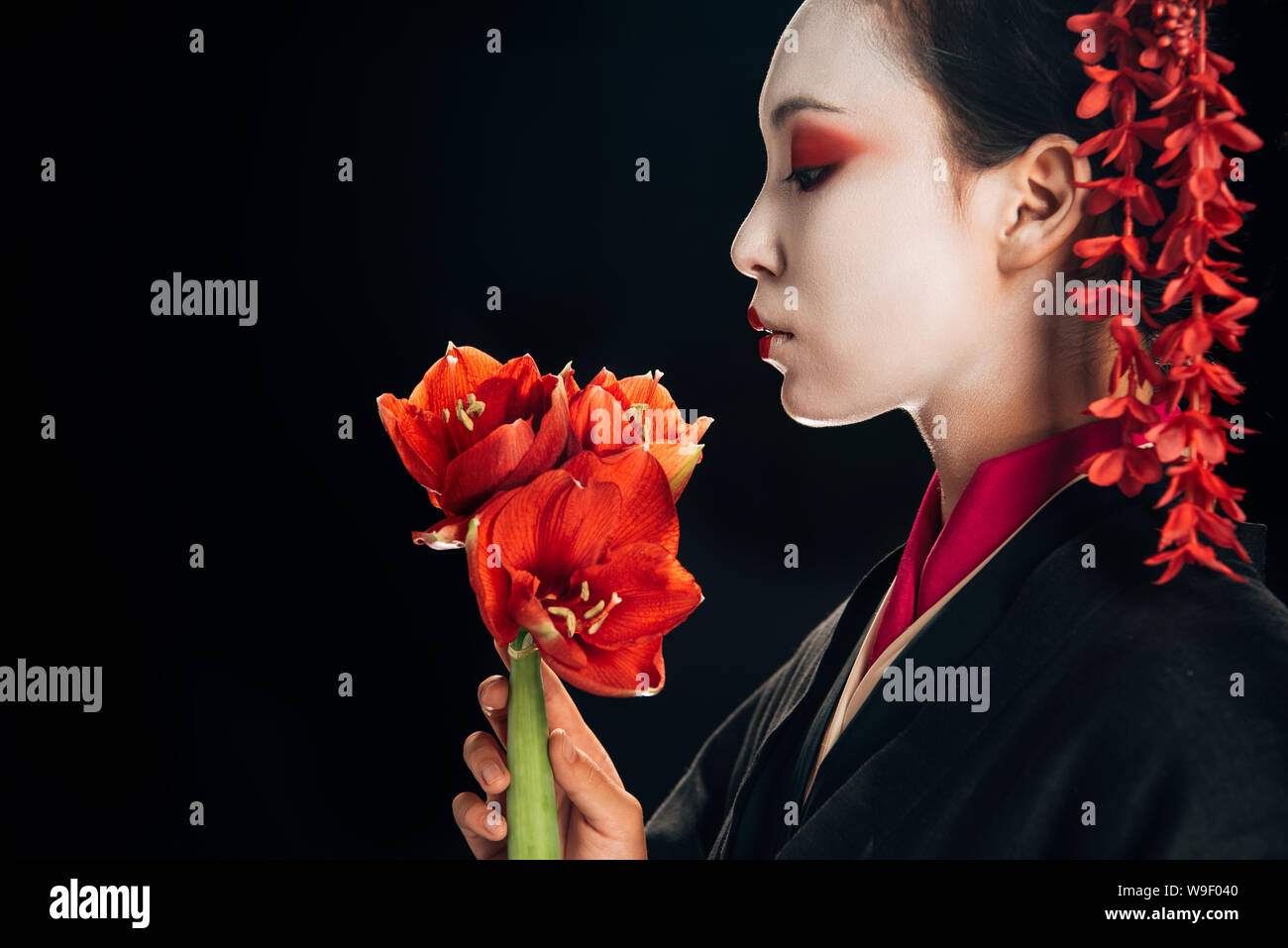 side view of beautiful geisha in black kimono with red flowers isolated ...