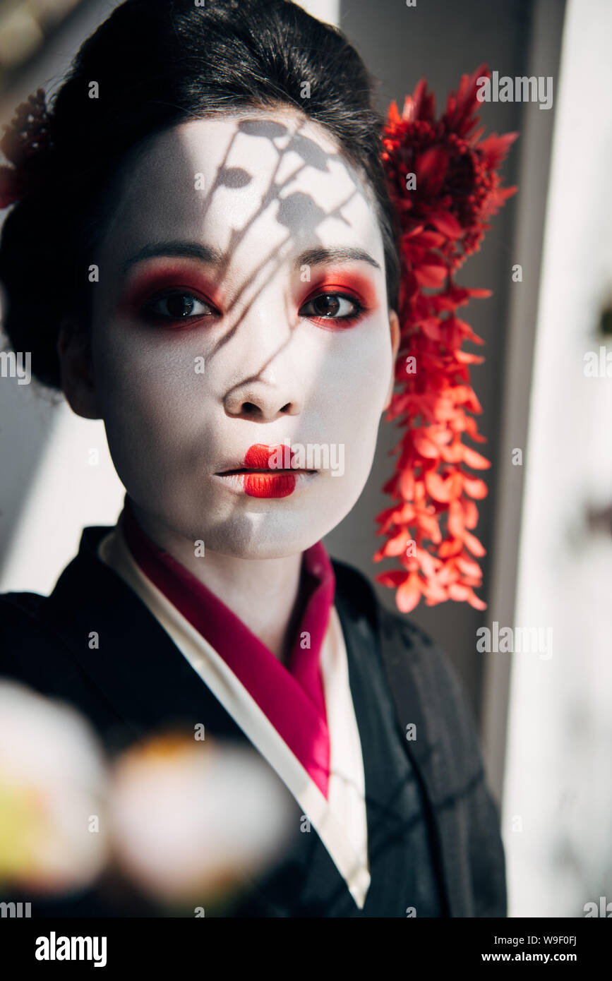 selective focus of sakura branches and beautiful geisha with red and ...