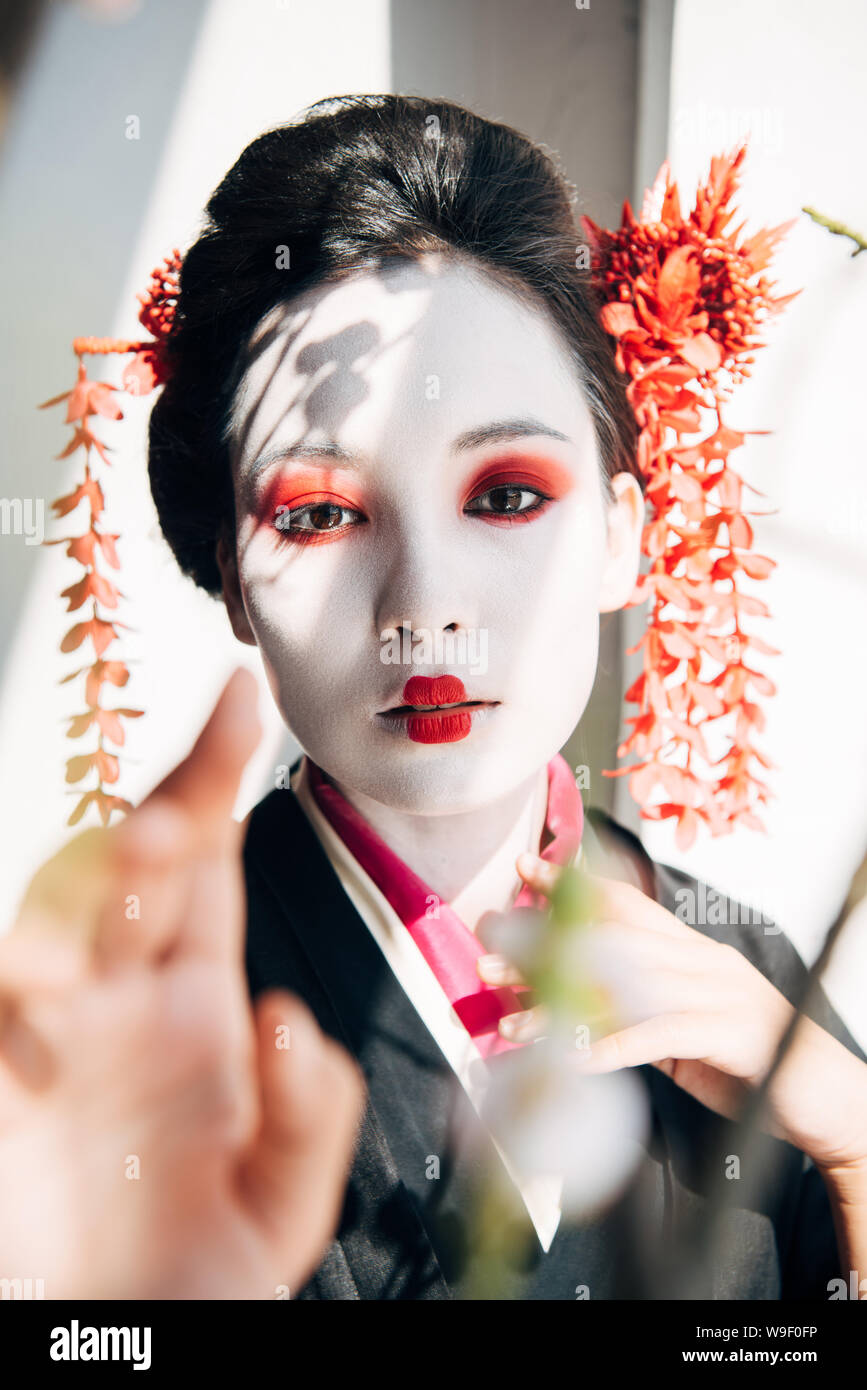 selective focus of sakura branches and beautiful geisha with red and ...