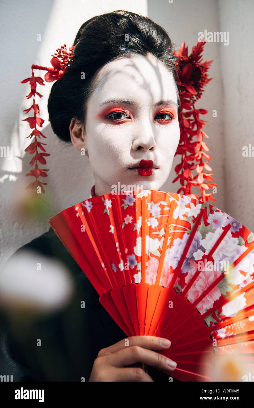 selective focus of tree branches and beautiful geisha with red and ...