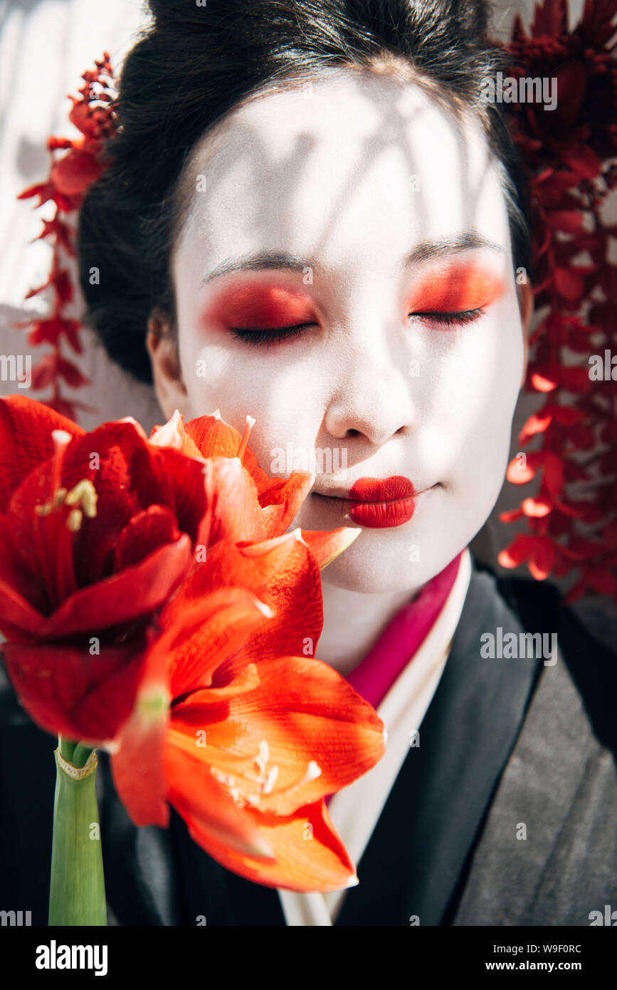 portrait of beautiful geisha holding red flowers in sunlight Stock ...