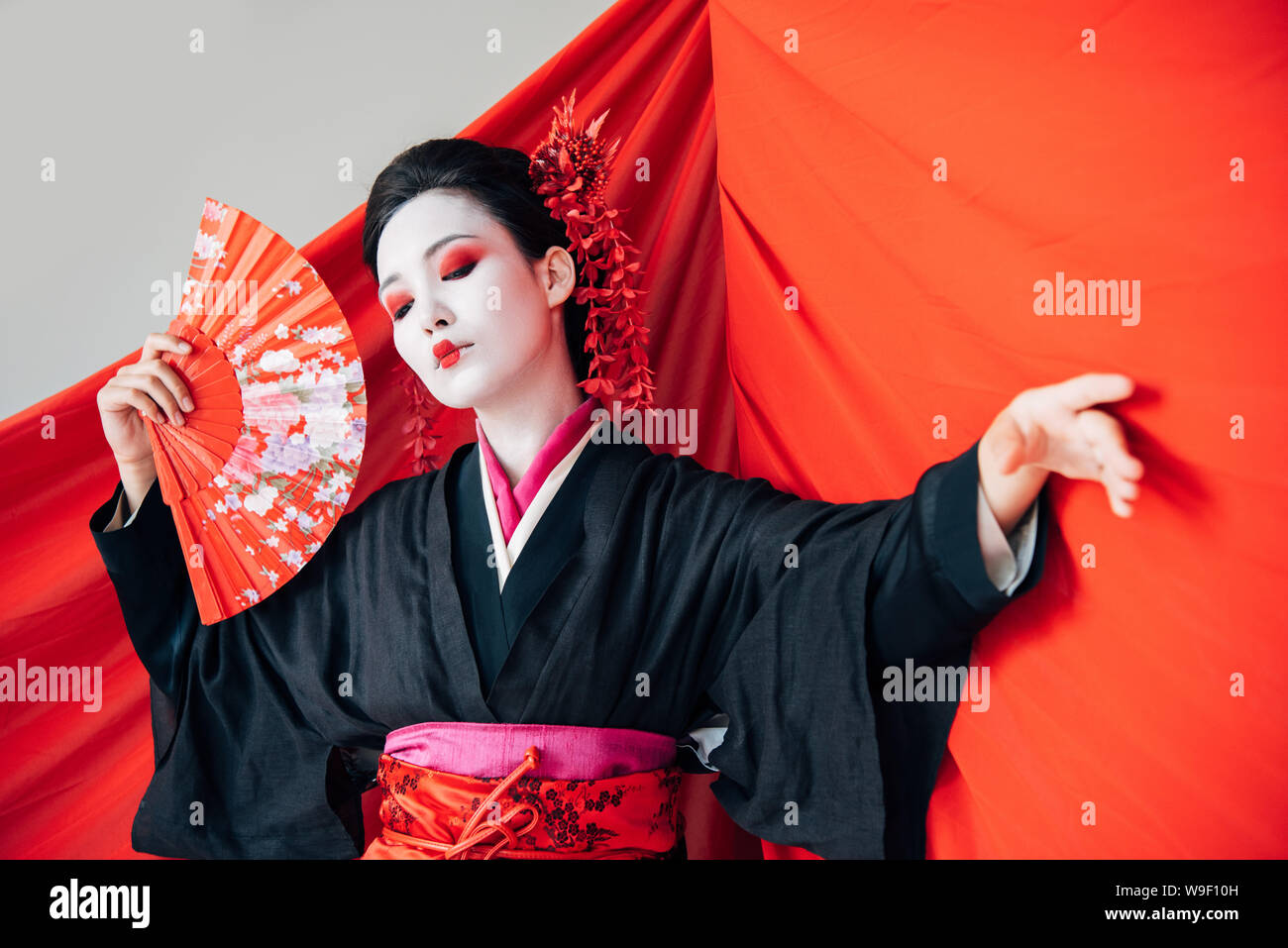 beautiful geisha in black kimono with hand fan and red cloth on ...