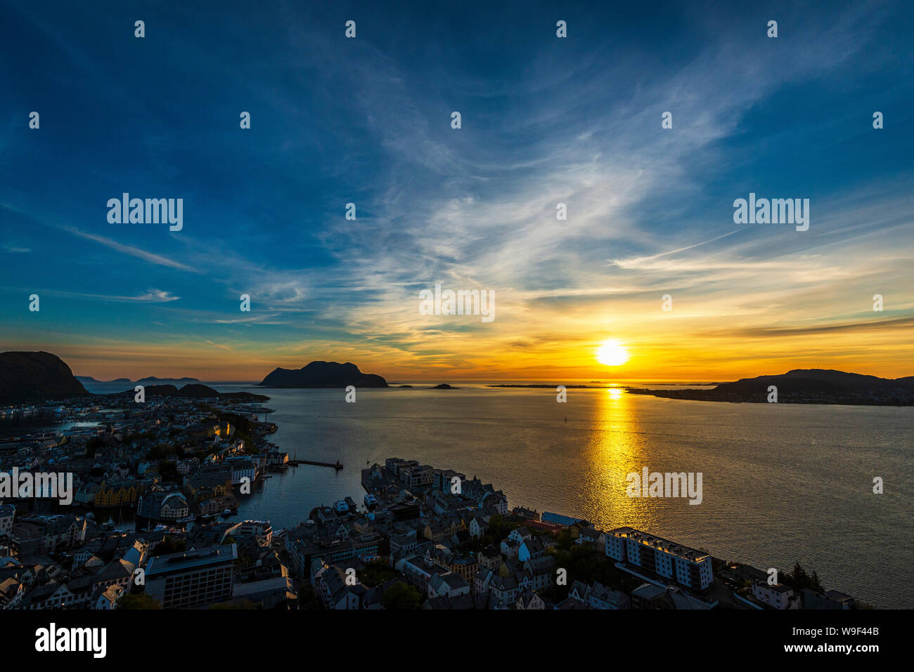 A sunny spring evening Alesund aerial view from Fjellstua Viewpoint ...