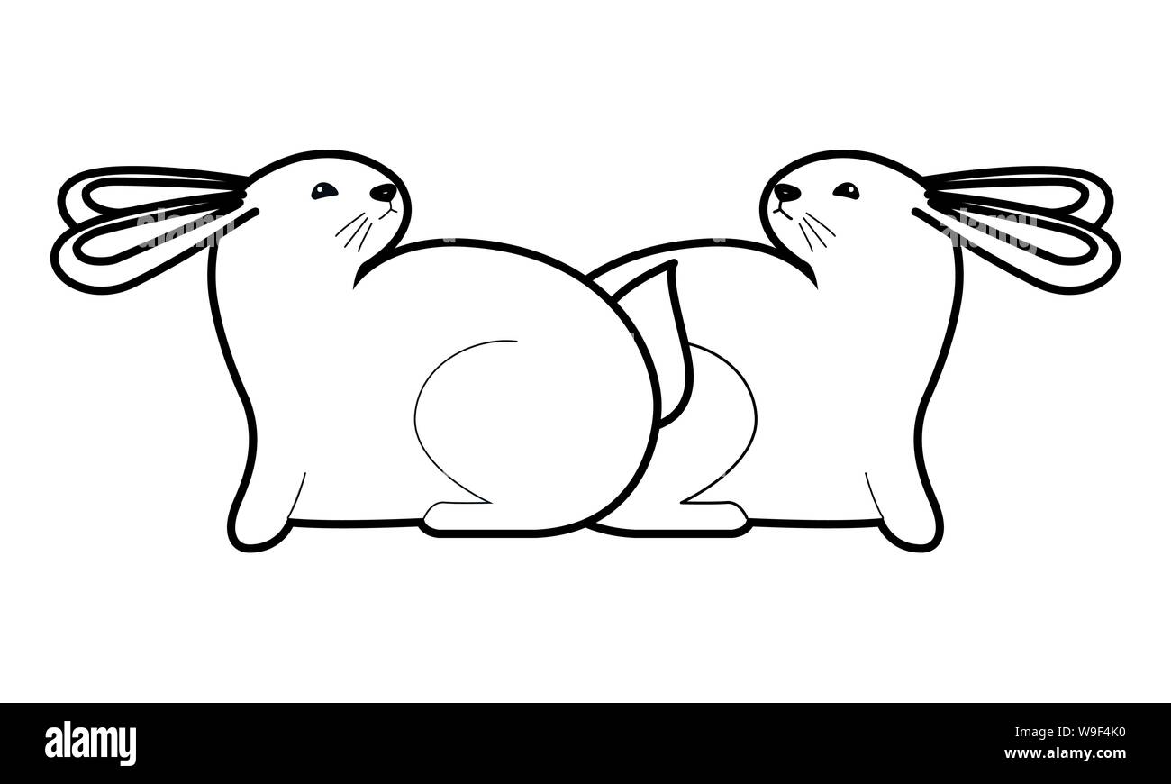 Cute two rabbits animals cartoons in black and white Stock Vector Image ...
