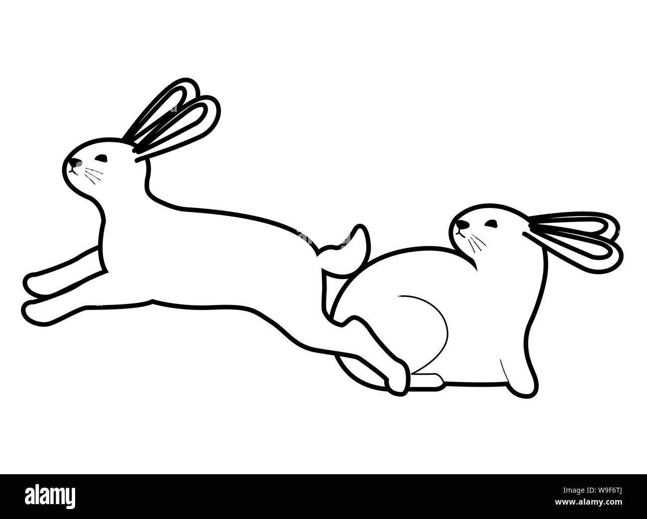 Cute two rabbits animals cartoons in black and white Stock Vector Image ...