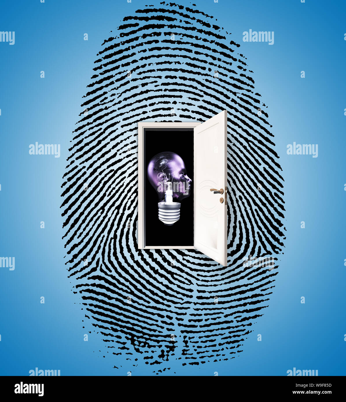 Fingerprint with open door and light bulb Stock Photo - Alamy