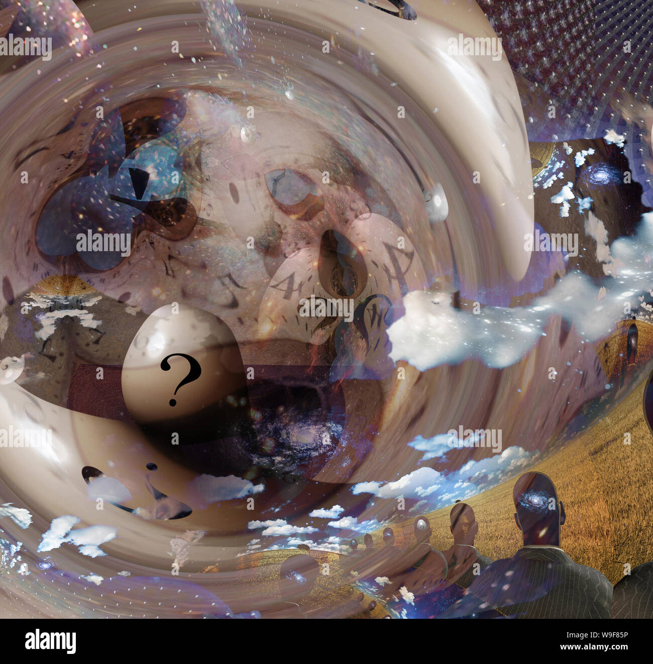Surreal composition. Human, questions, time and mind elements Stock ...
