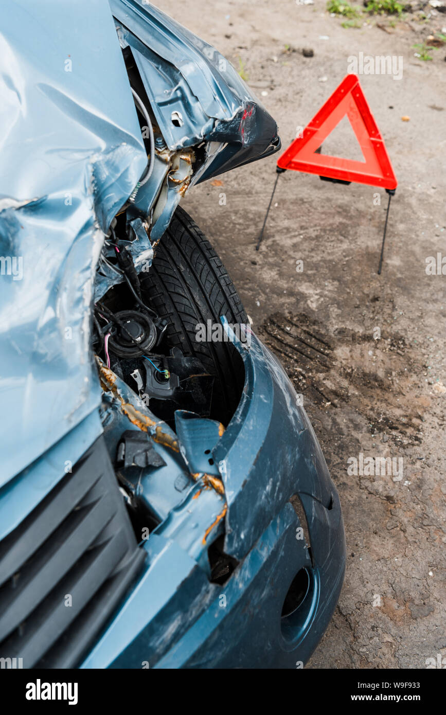 selective focus of crashed blue car after car accident Stock Photo - Alamy