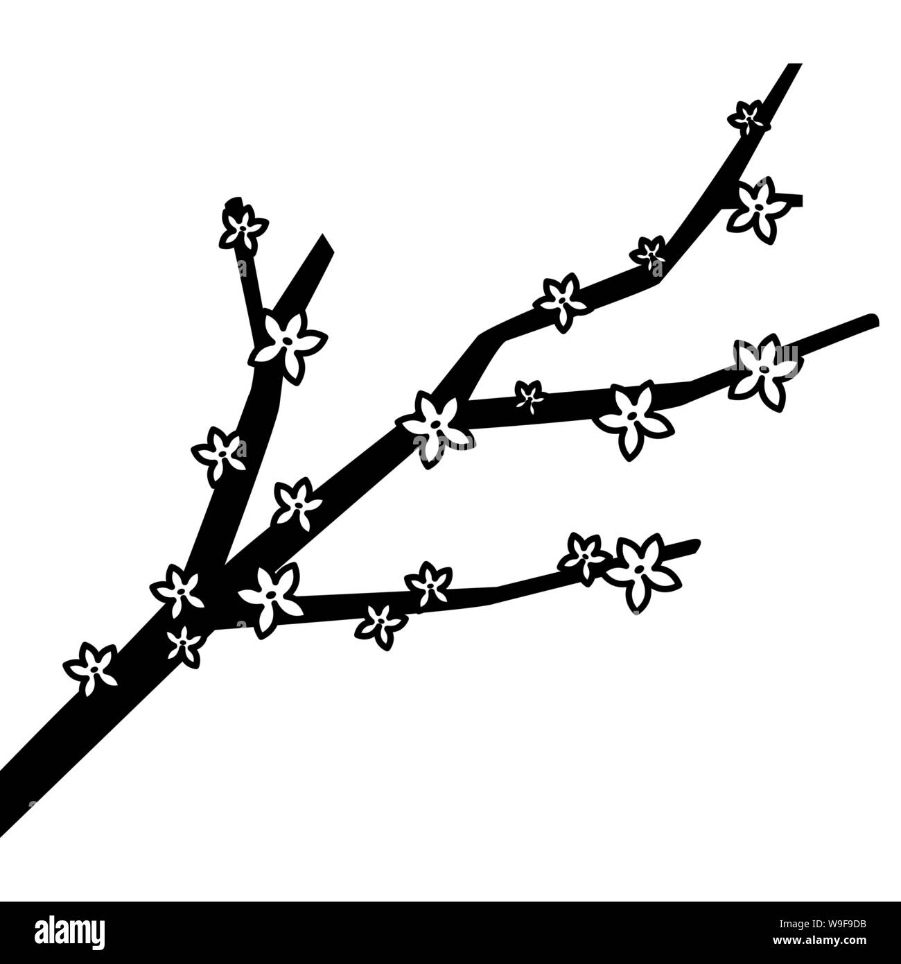 autumn tree branch with flowers cartoon in black and white Stock Vector ...