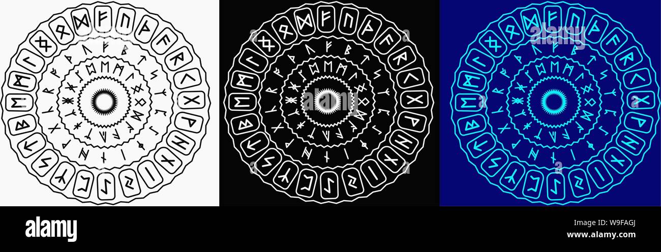 Set of old Norse runes circles. Runic alphabet, Futhark. Ancient occult ...