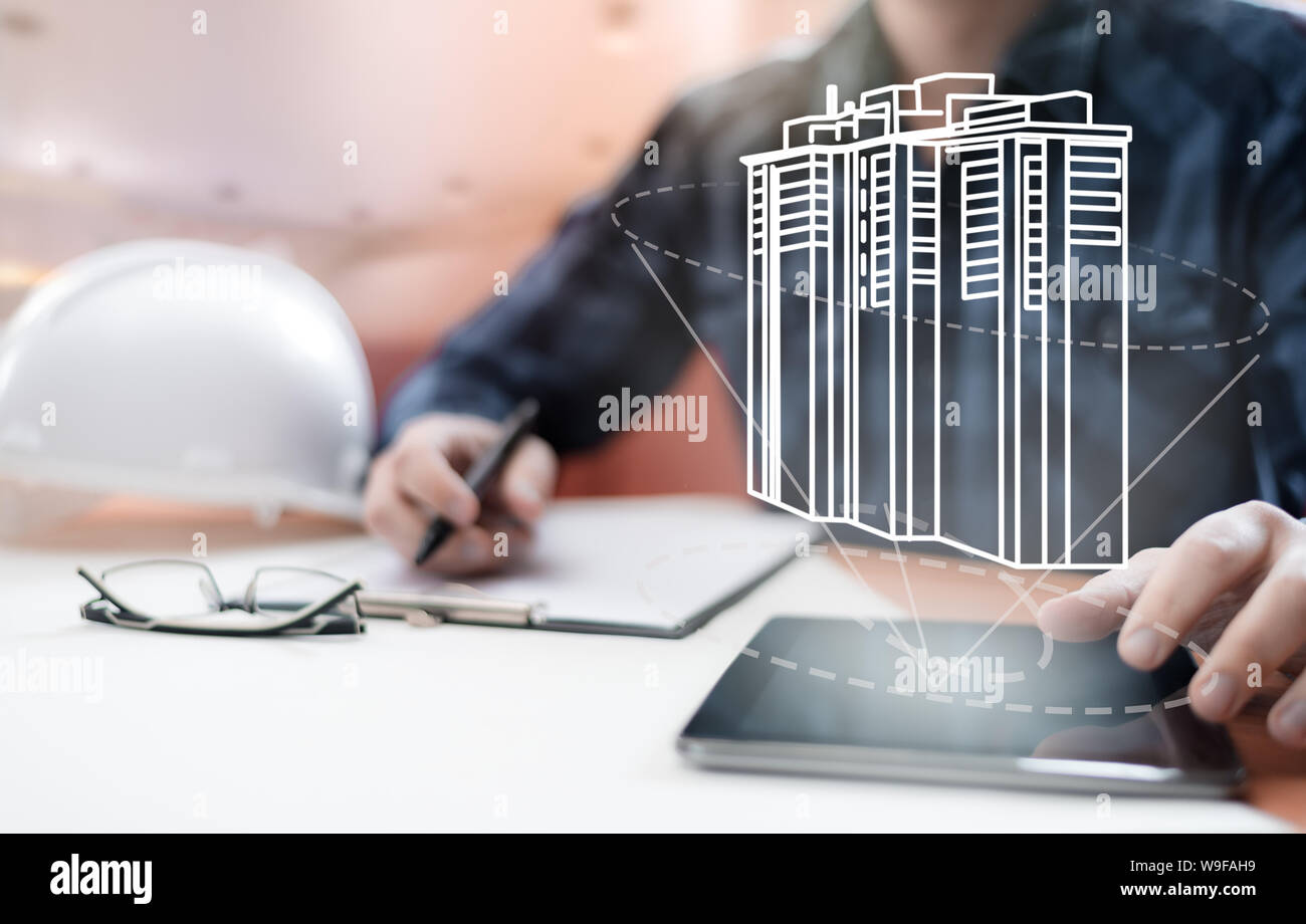 Young blurred architect sitting in the office and designing new ...