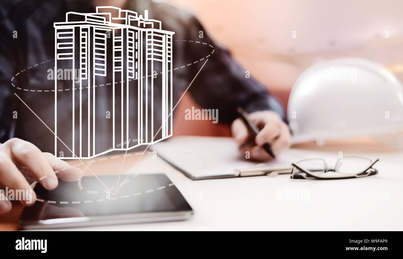 Young blurred architect sitting in the office and designing new ...