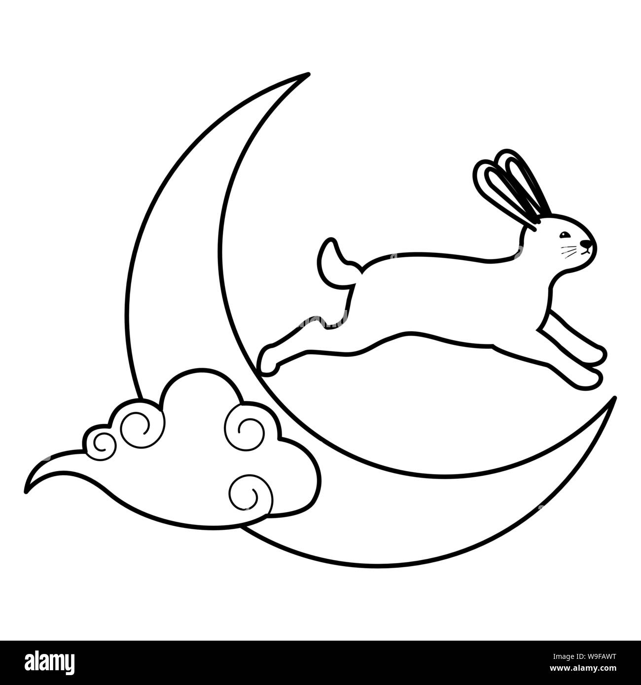 Rabbit on moon with cloud in black and white Stock Vector Image & Art ...