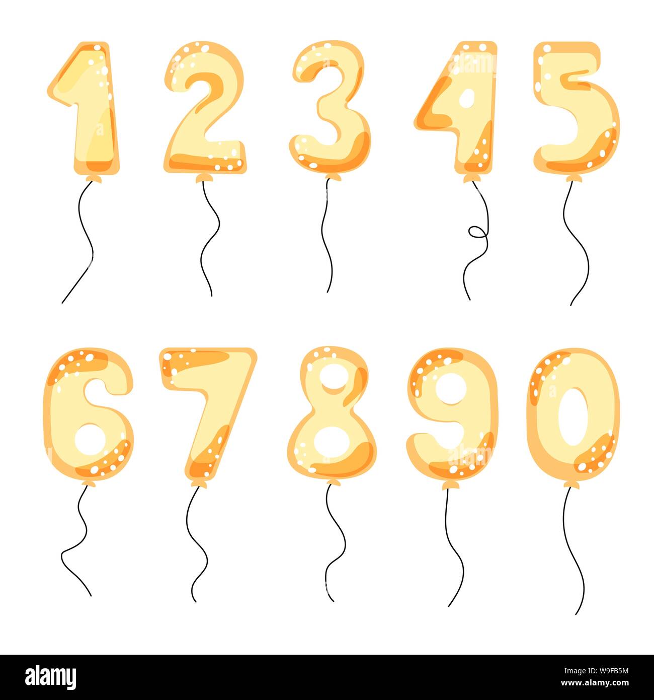 Gold cartoon balloon numbers for birthday party cards. Event ...