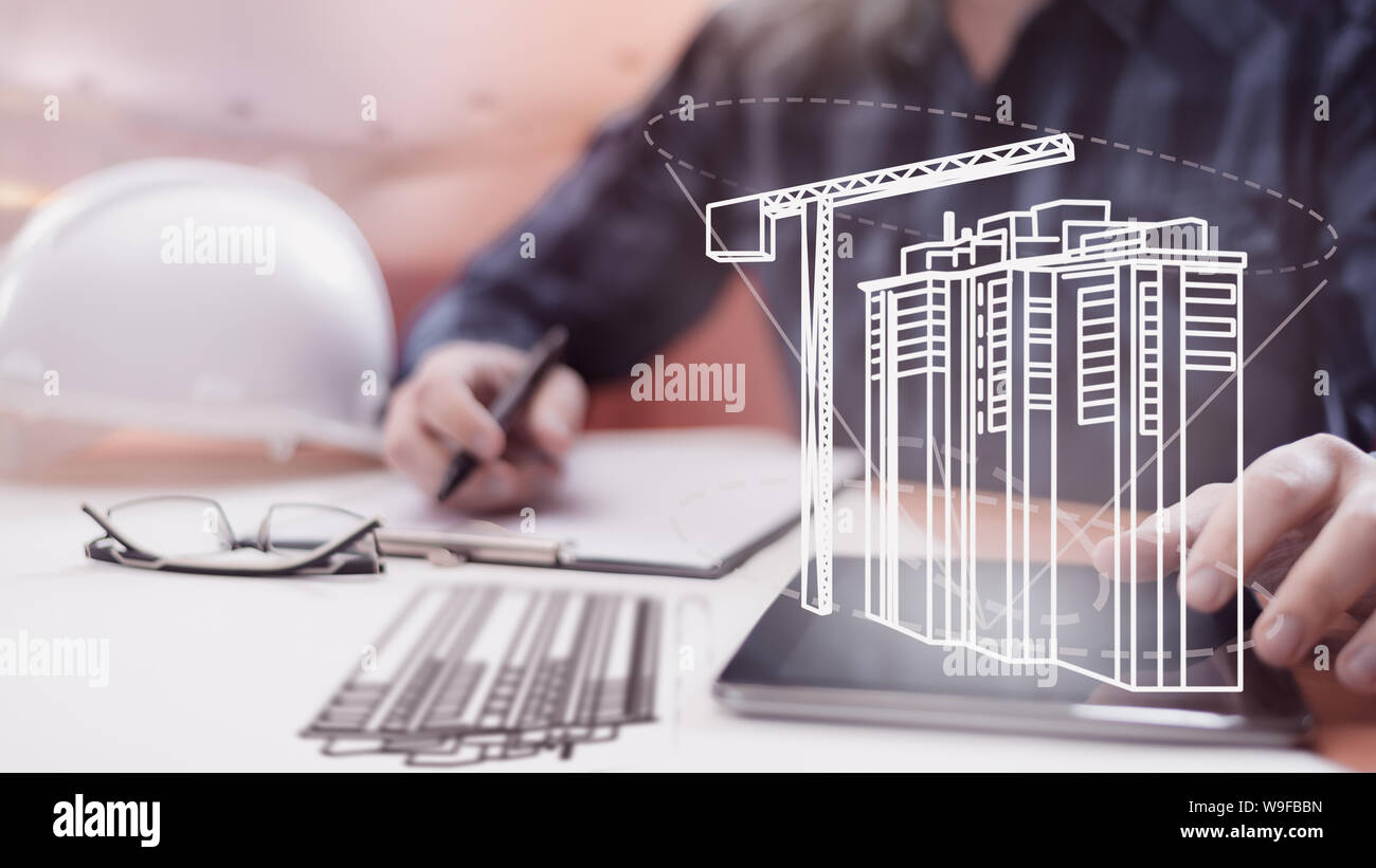 Young blurred architect sitting in the office and designing new ...