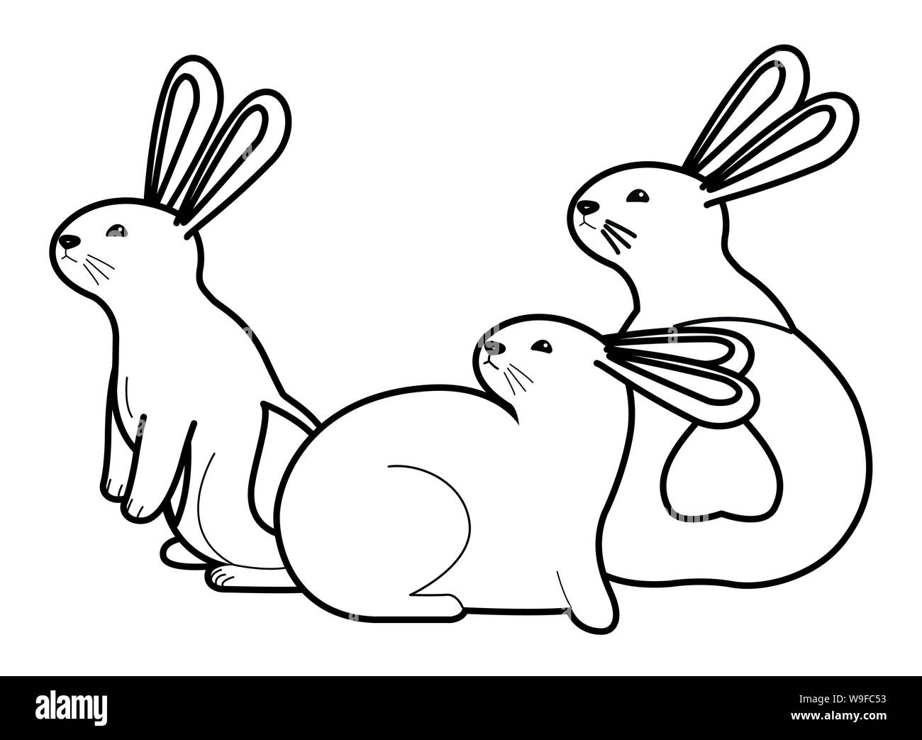 Cute three rabbits animals cartoons in black and white Stock Vector ...