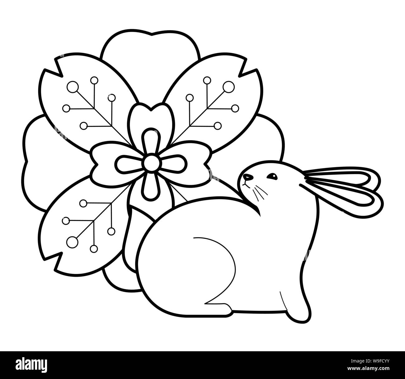 Cute rabbit and flower cartoon in black and white Stock Vector Image ...