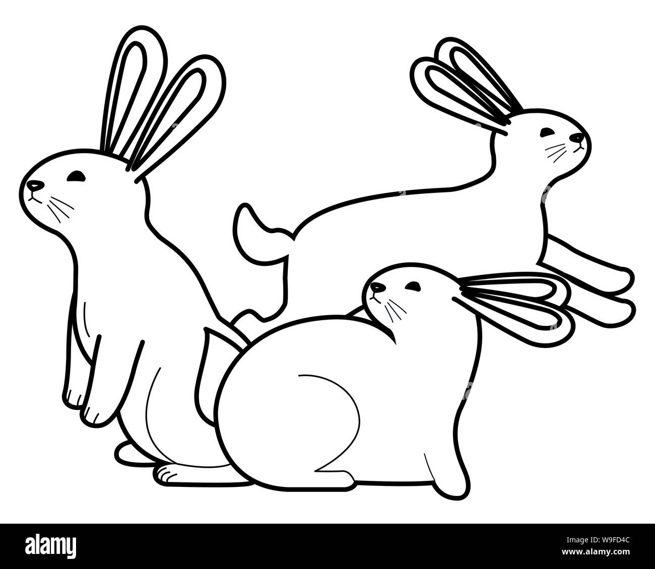 Cute three rabbits animals cartoons in black and white Stock Vector ...