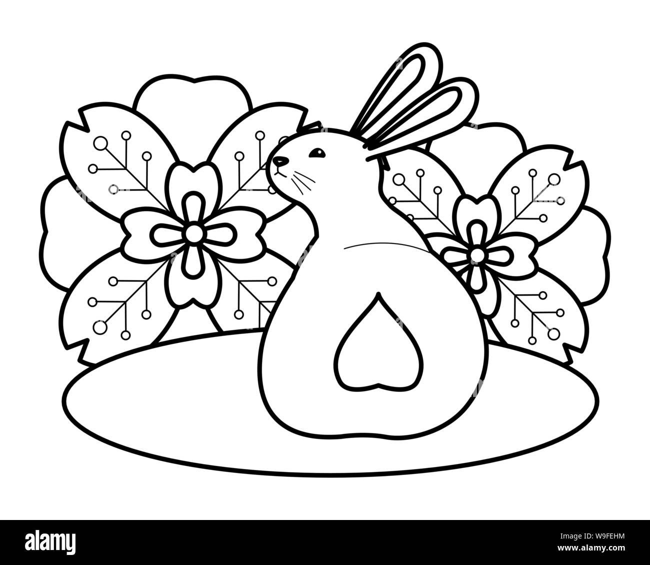 Cute rabbit and flower cartoon in black and white Stock Vector Image ...