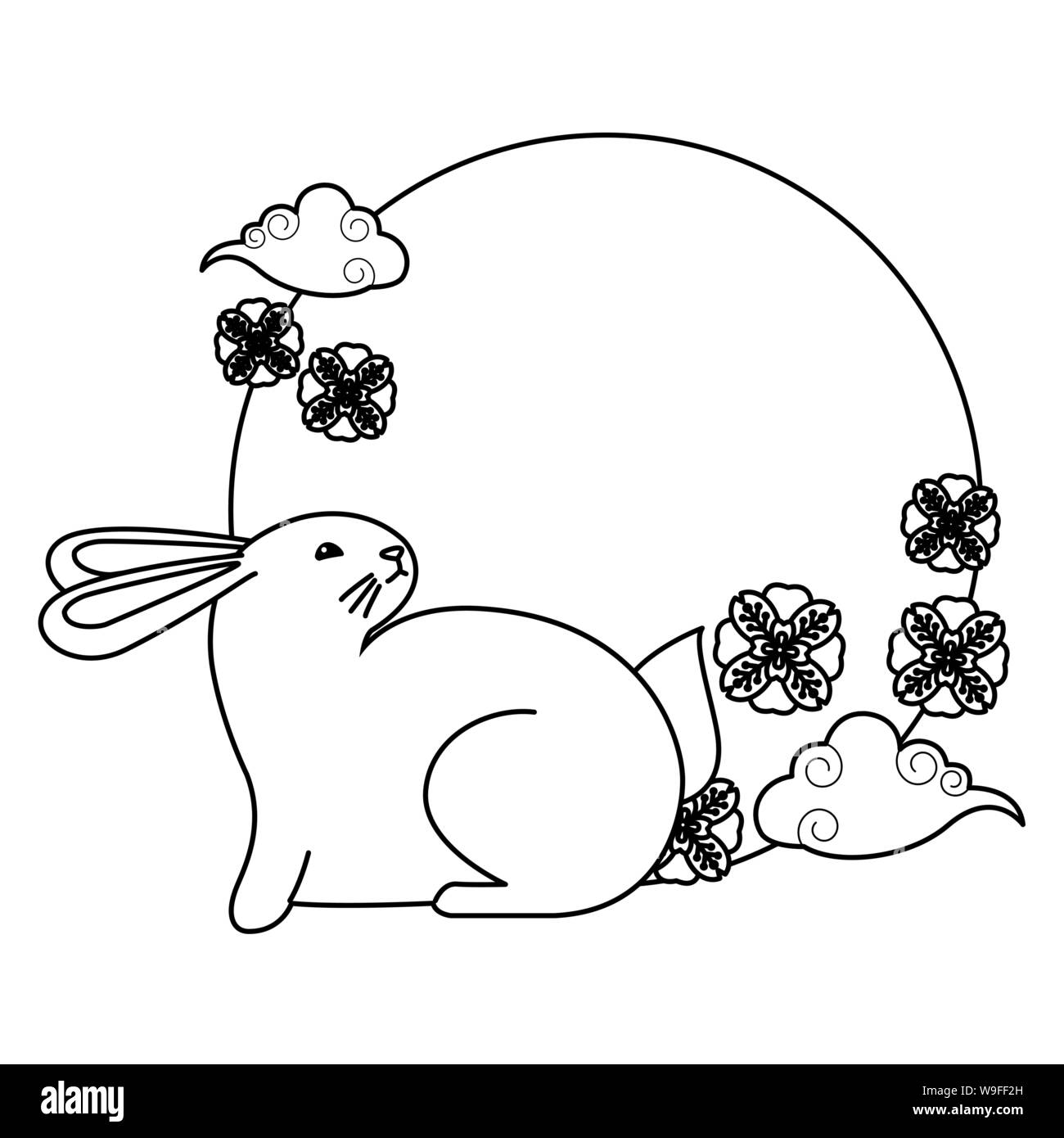 Rabbit with flowers and clouds in black and white Stock Vector Image ...