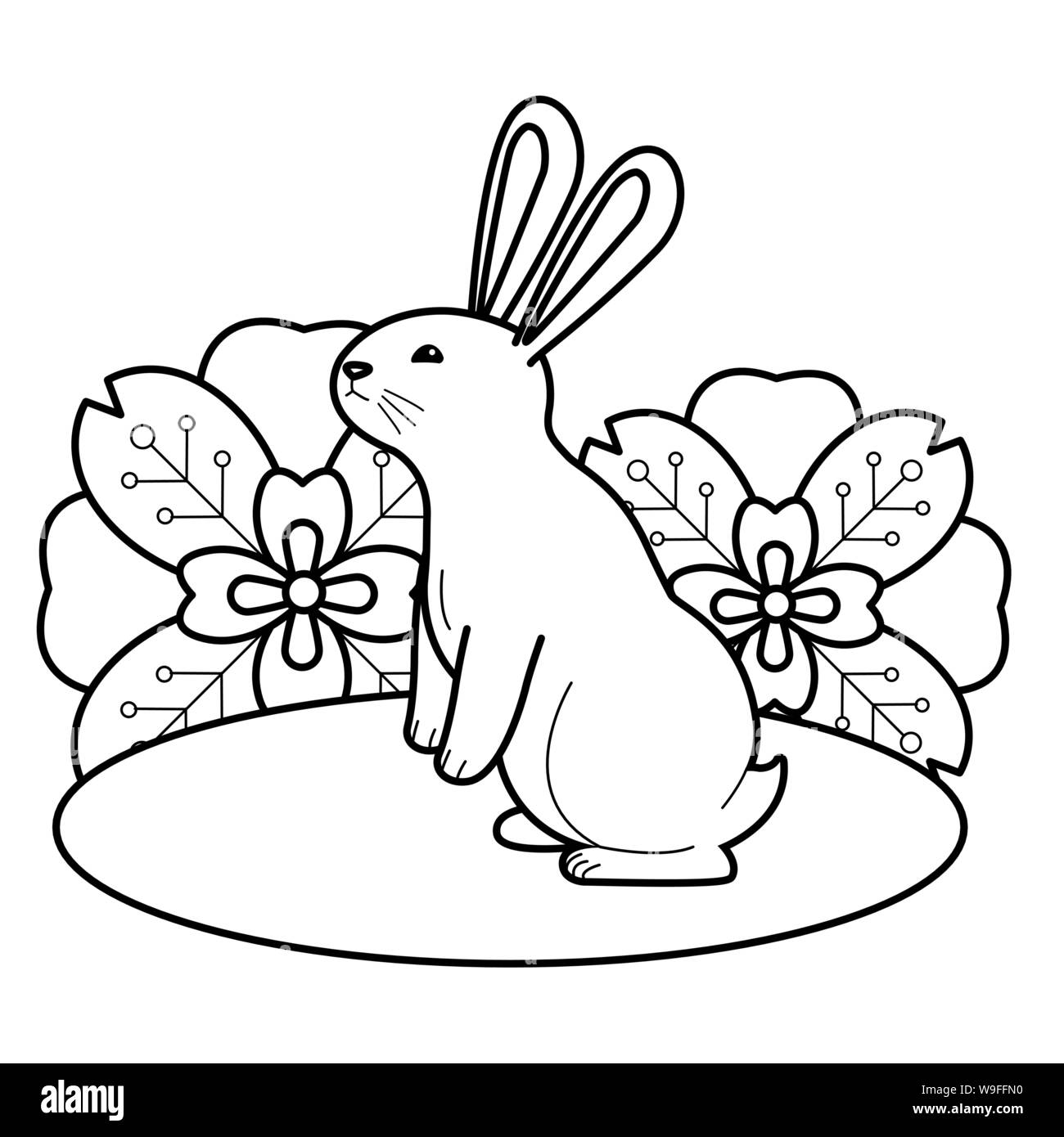 Cute rabbit and flower cartoon in black and white Stock Vector Image ...