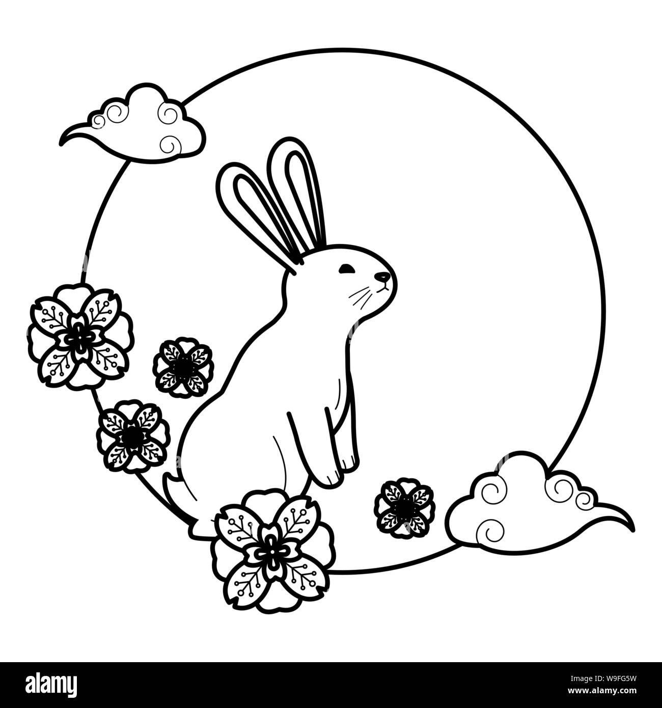 Rabbit with flowers and clouds in black and white Stock Vector Image ...