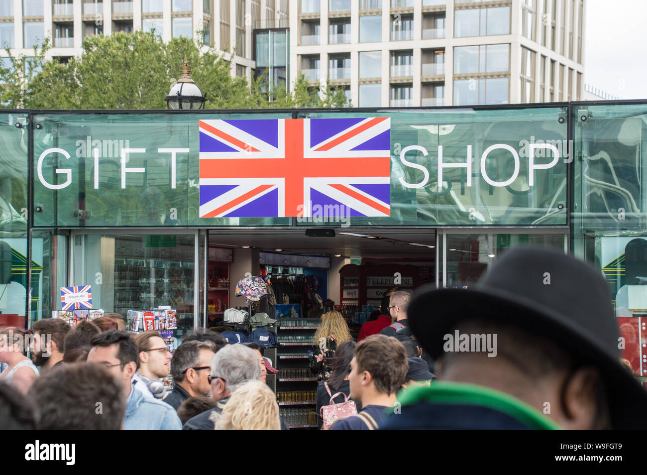 Gift Shop store front view with British Union Jack flag printed big on ...