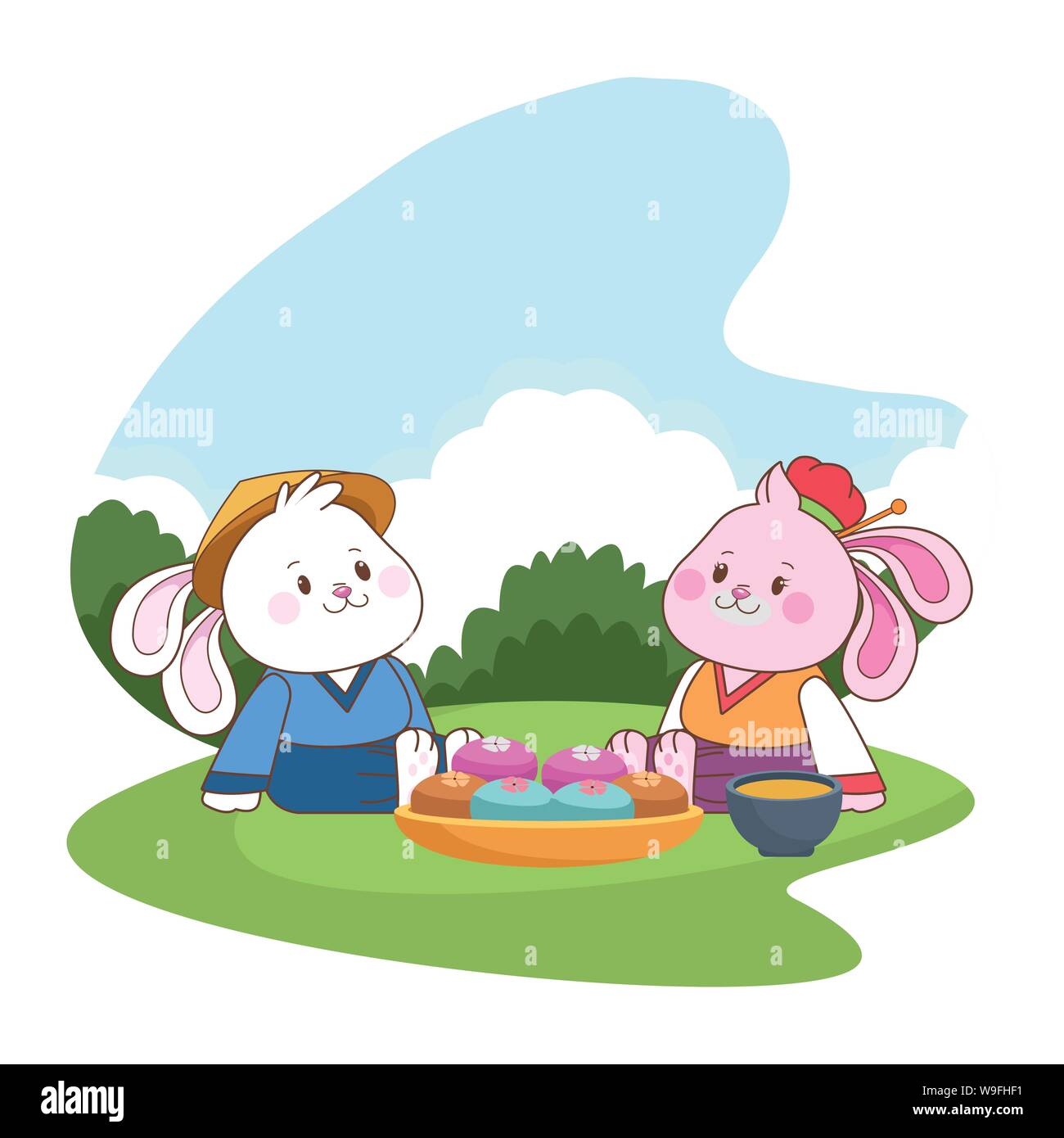 Mid autumn rabbits couple eating food cartoon Stock Vector Image & Art ...