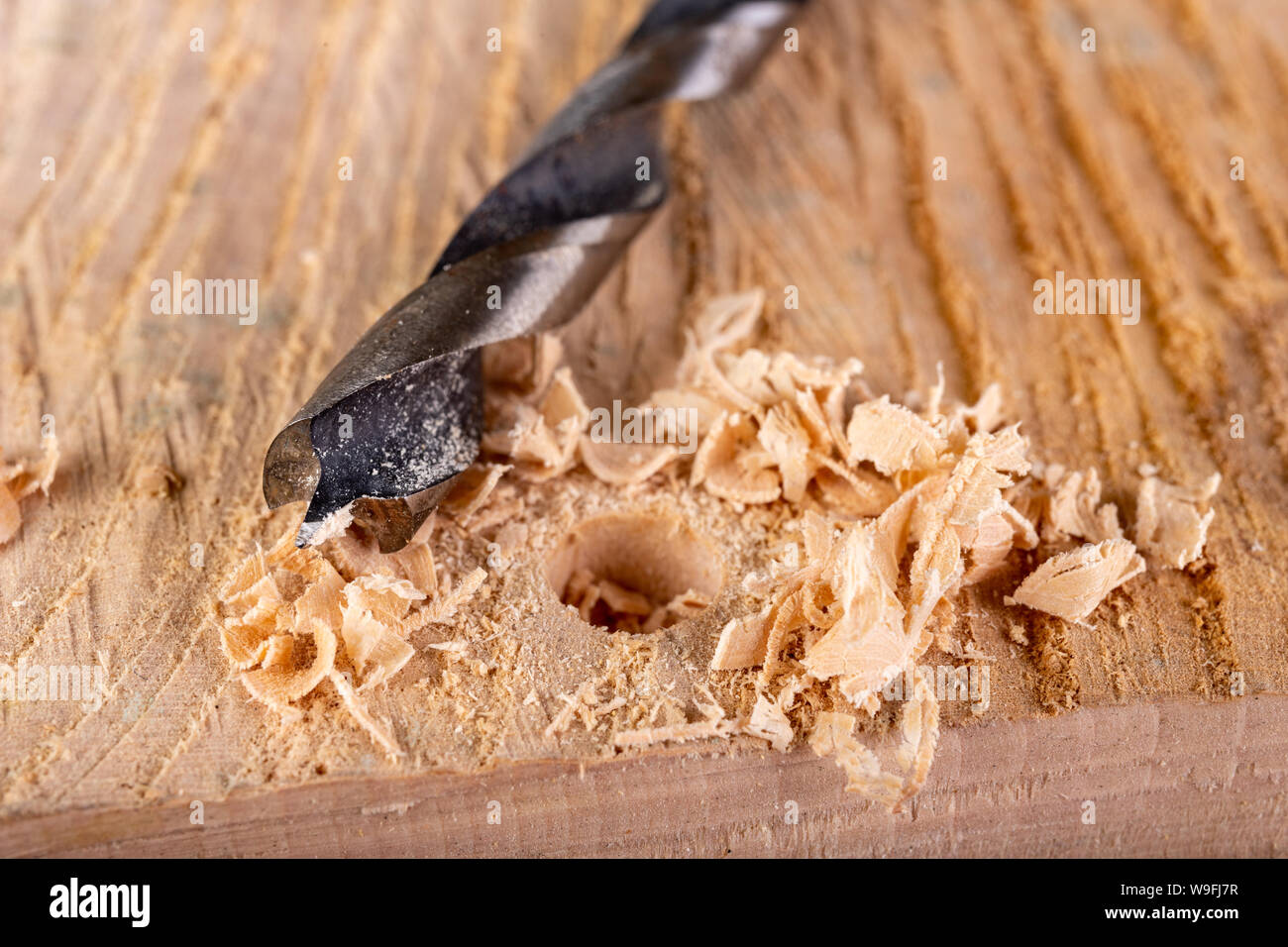 Drilling holes in raw wood. Carpentry drill in a carpentry workshop ...