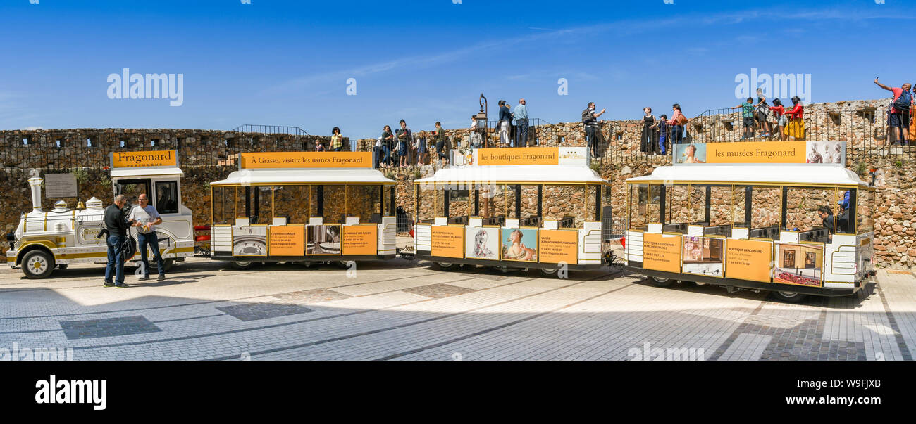 CANNES, FRANCE - APRIL 2019: Panoramic view of the tourist road train ...