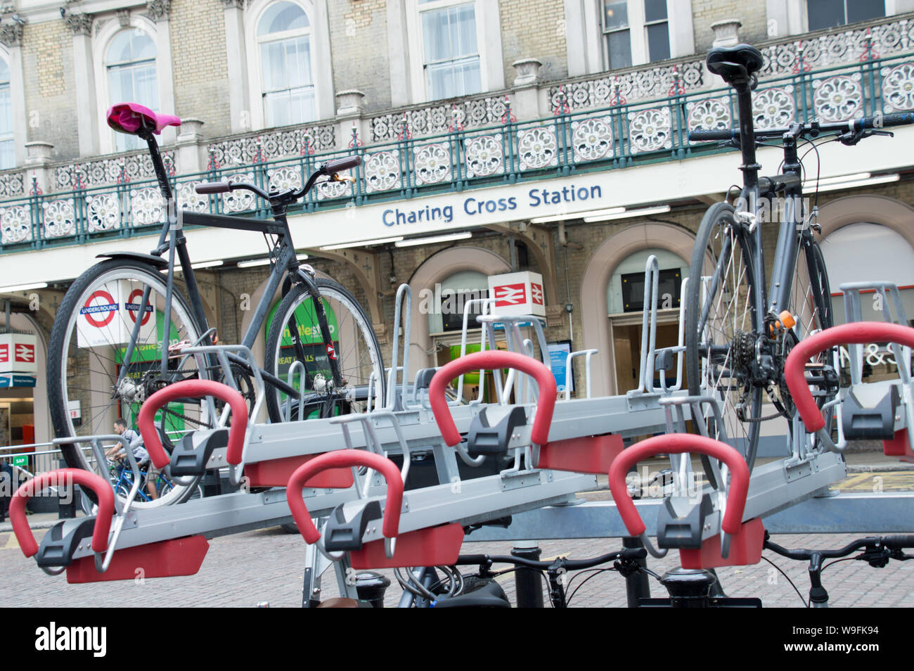 Bicycle rack outside London Charring Cross station Stock Photo - Alamy