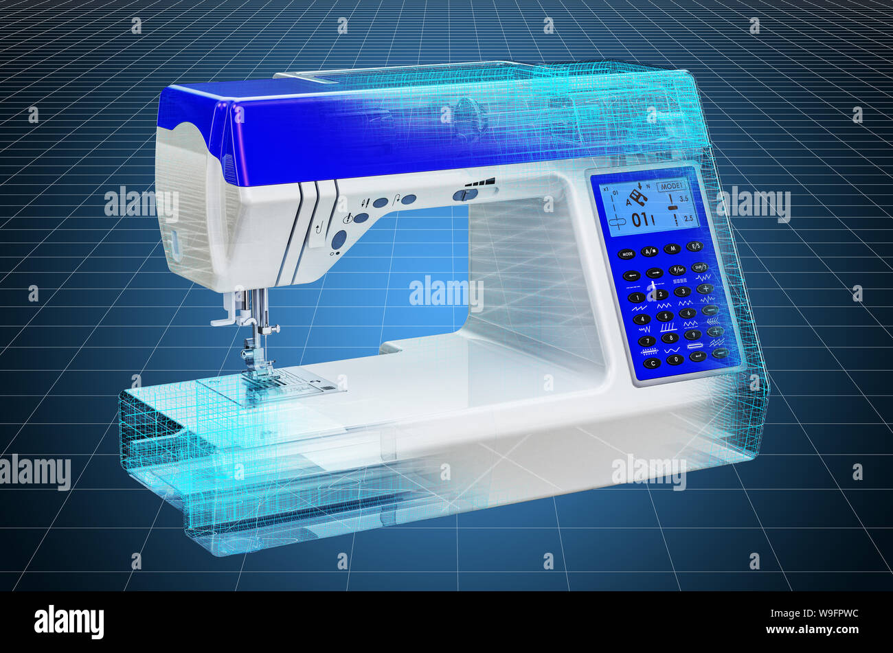 Visualization 3d cad model of electronic sewing machine, blueprint. 3D ...