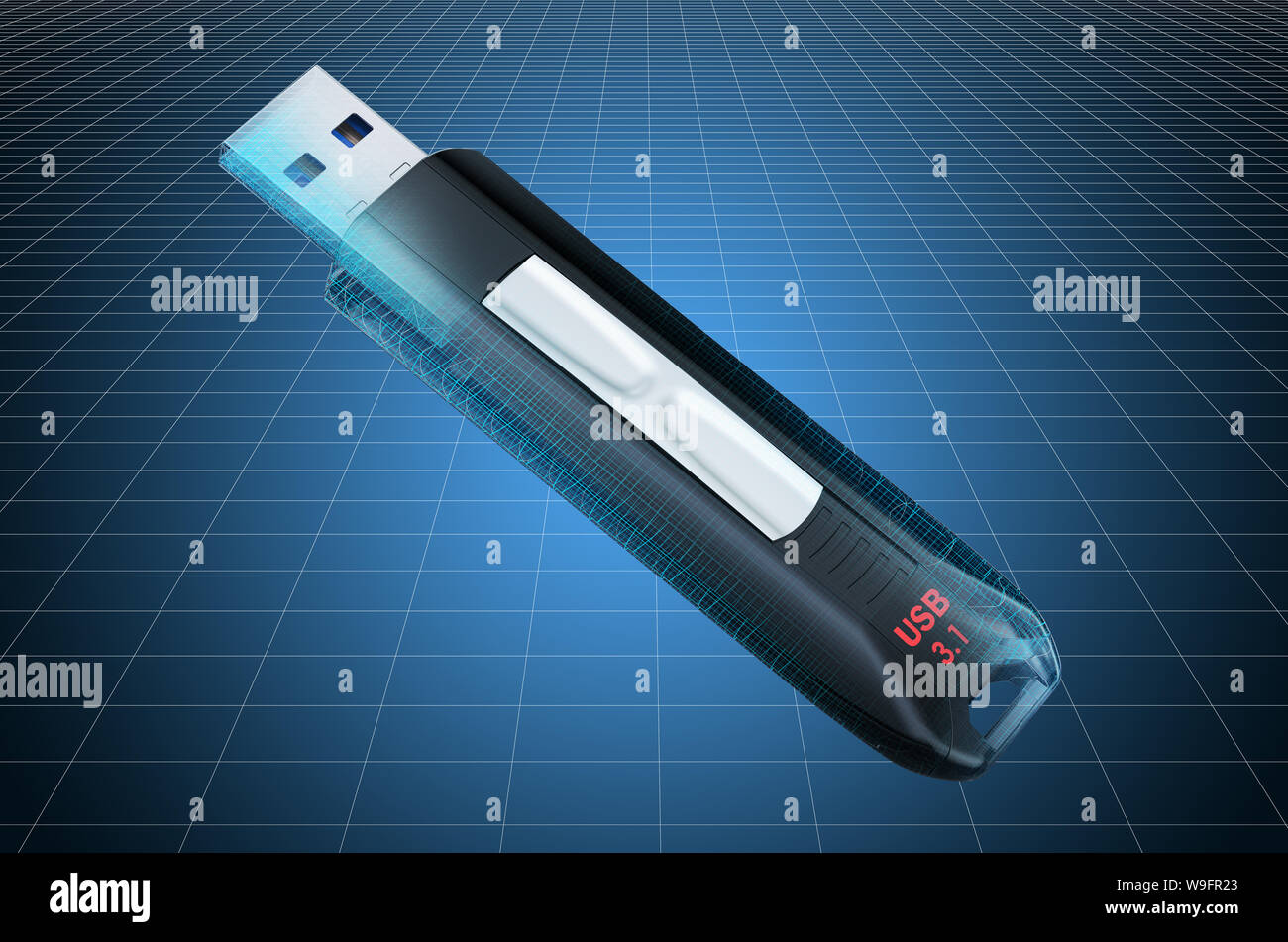 Visualization 3d cad model of USB flash drive, blueprint. 3D rendering ...