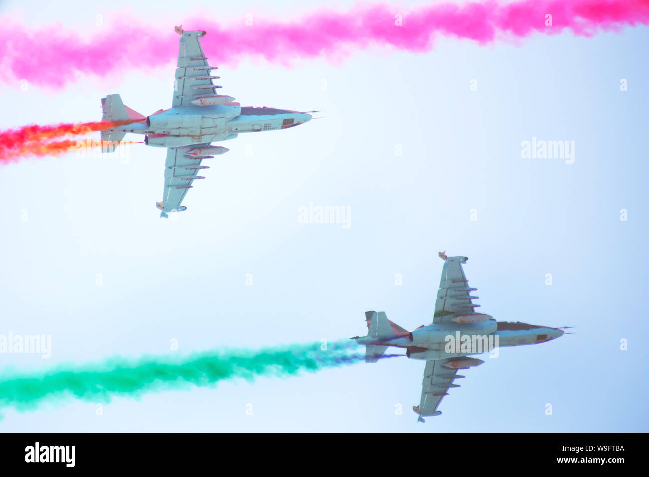 One row formation of a group of russian military fighter jet planes ...
