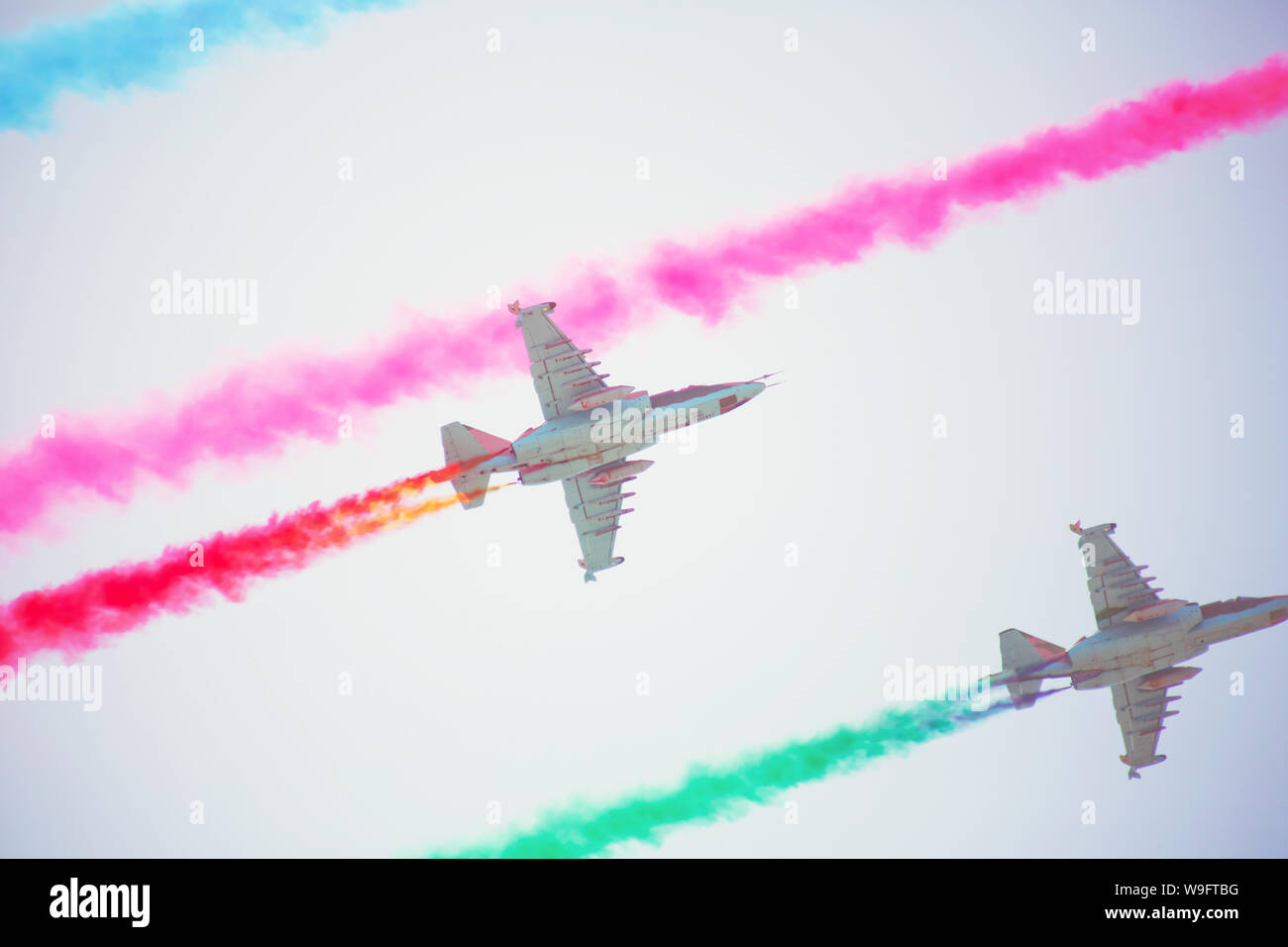 One row formation of a group of russian military fighter jet planes ...