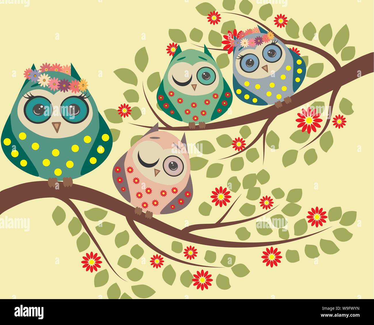 Bright cute cartoon owls sit on the flowering branches of fantastic ...