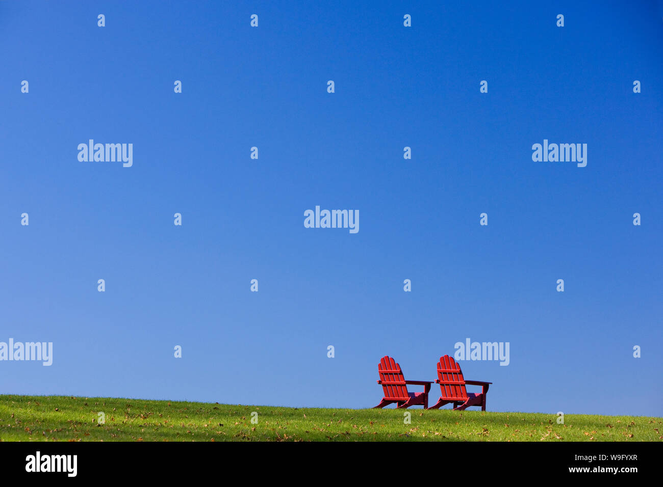 Red classic wooden Adirondack style chairs are sitting on a green ...