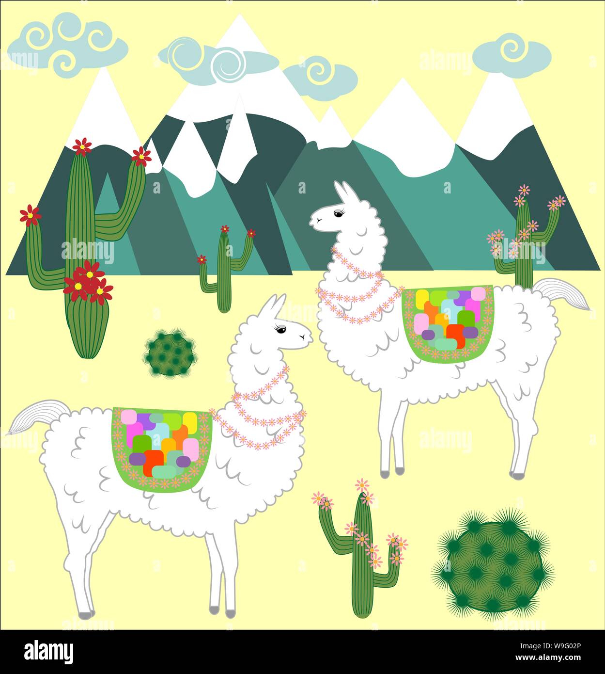 Two Llama, alpaca of white color, with bright saddles on the background ...